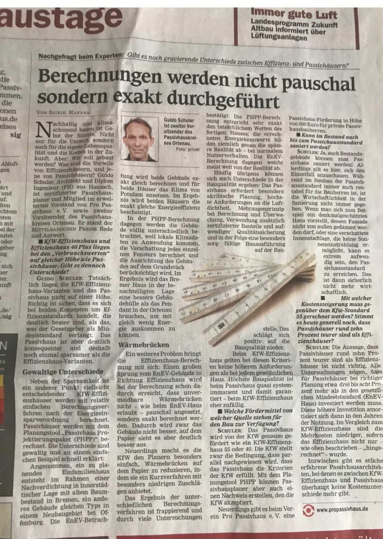 Passivhaus vs Effizienzhaus – Offenburger Tageblatt – Schuler Architekten
